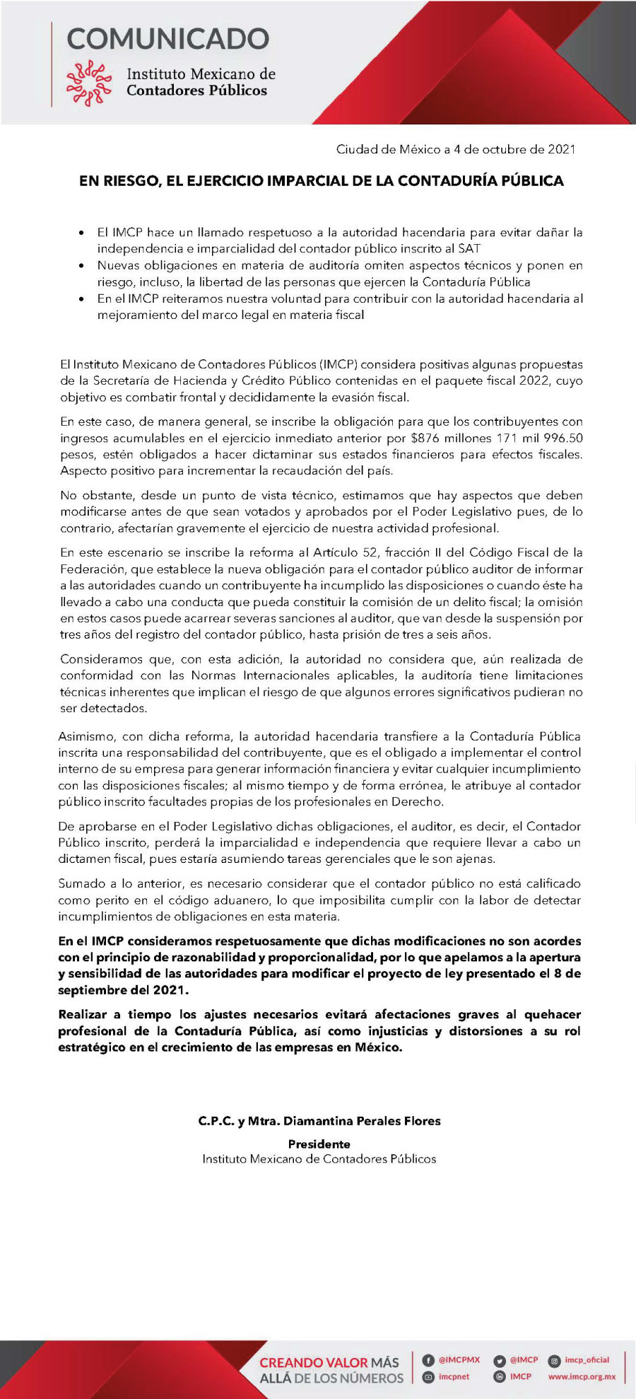 IMCP | Comunicado – En riesgo, el ejercicio imparcial de la Contaduría ...