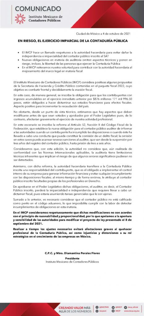 IMCP | Comunicado – En riesgo, el ejercicio imparcial de la Contaduría ...